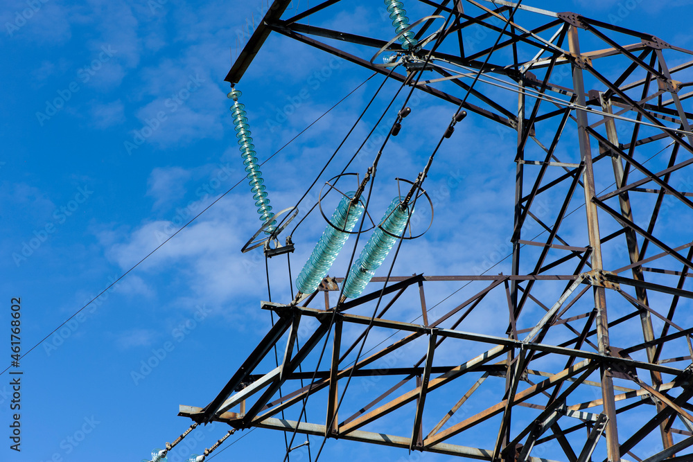 power line construction of cable supports and insulators. High voltage ...