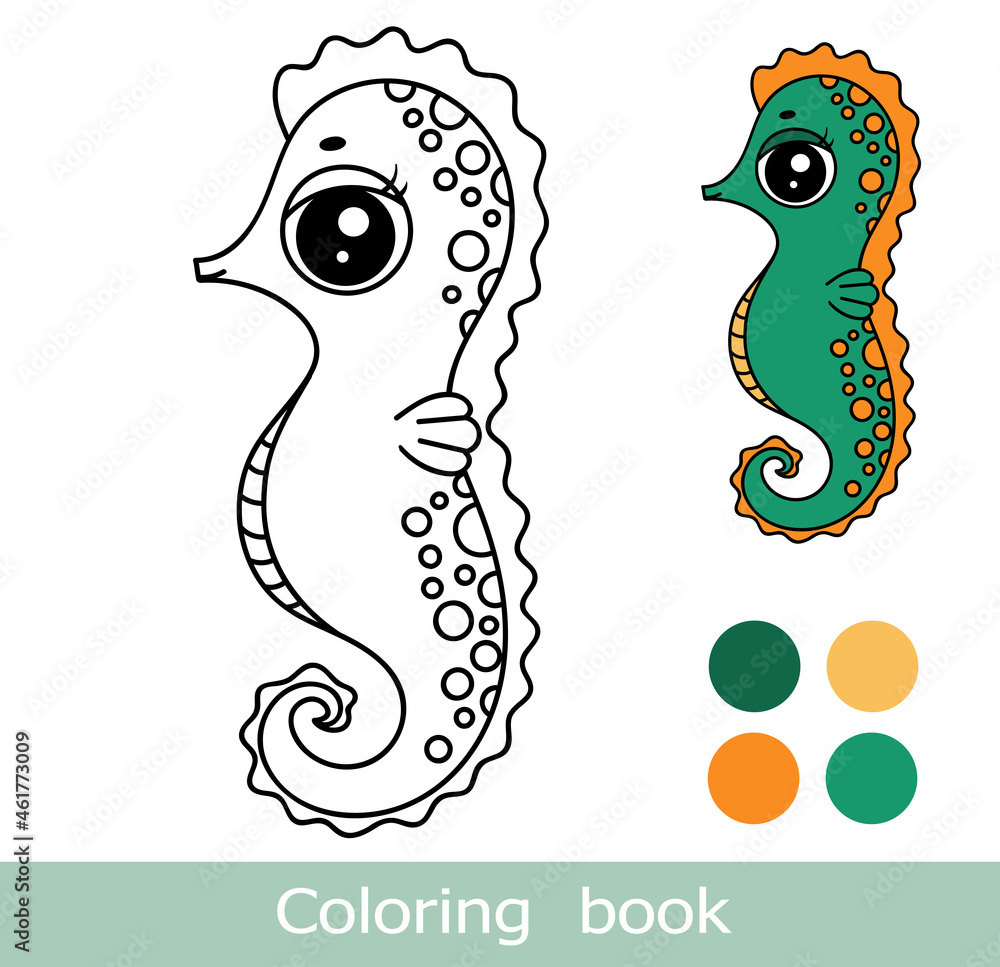 Cartoon seahorse coloring book page with colorful template. Cute ...
