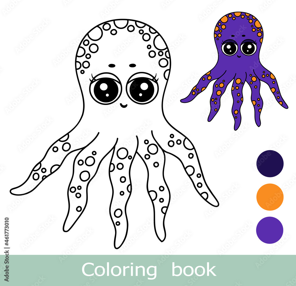 Cartoon octopus coloring book page with colorful template. Cute octopus ...