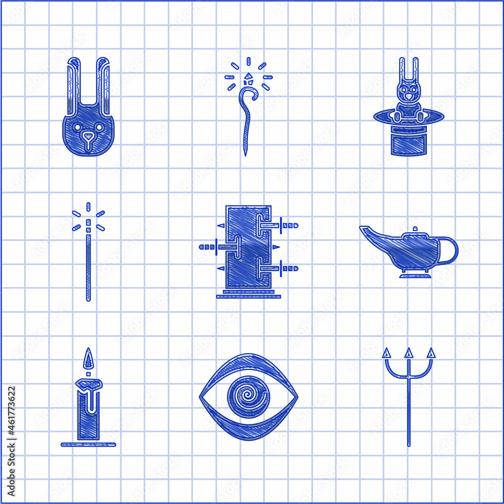 Set Trunk for magic tricks, Hypnosis, Neptune Trident, Magic lamp ...