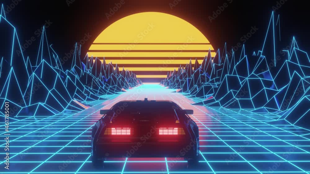 Retro videogame landscape, neon lights and low poly terrain grid. 80s ...