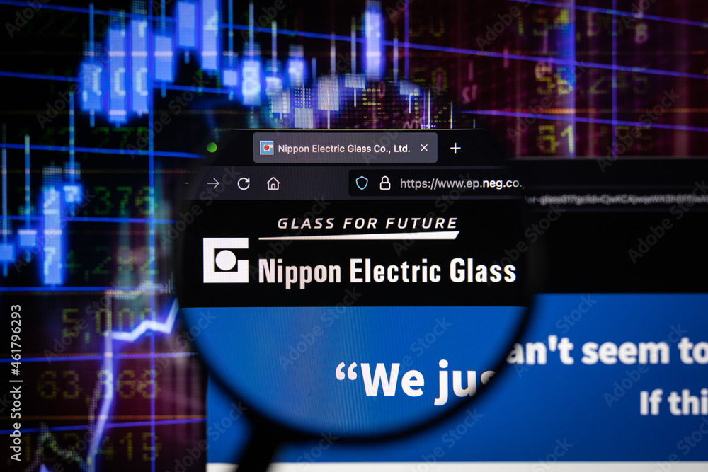 Nippon Electric Glass company logo on a website with blurry stock ...