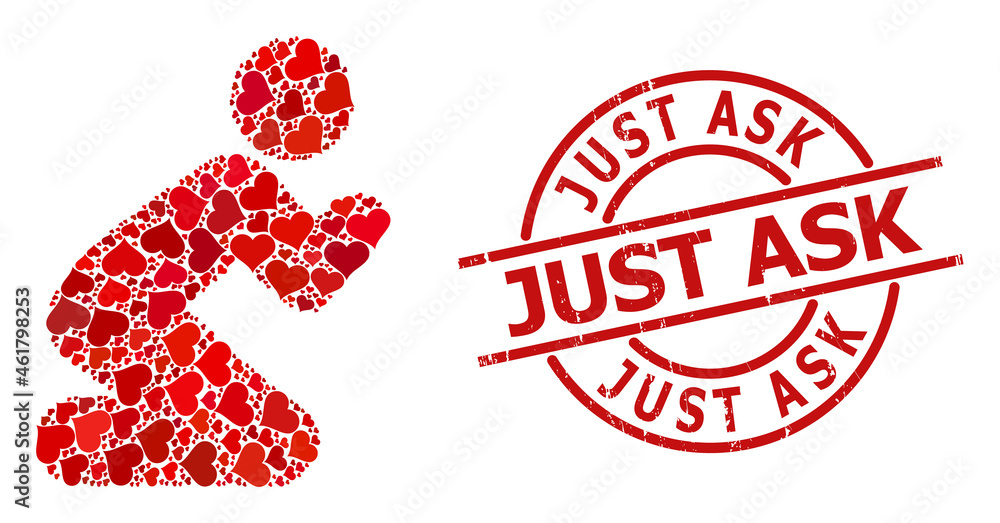 Textured Just Ask stamp seal, and red love heart mosaic for praying man ...
