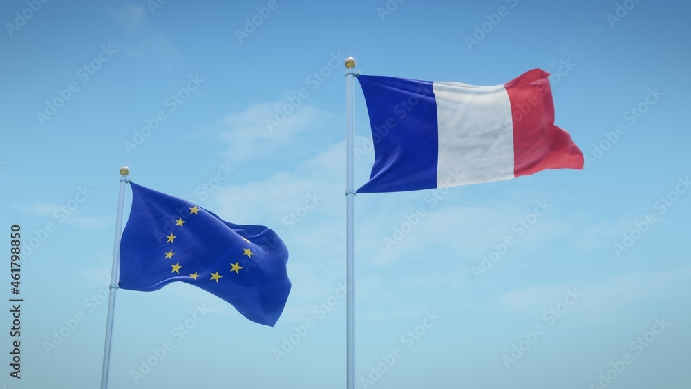 Flags of the EU and France against blue sky backdrop. 3d rendering ...
