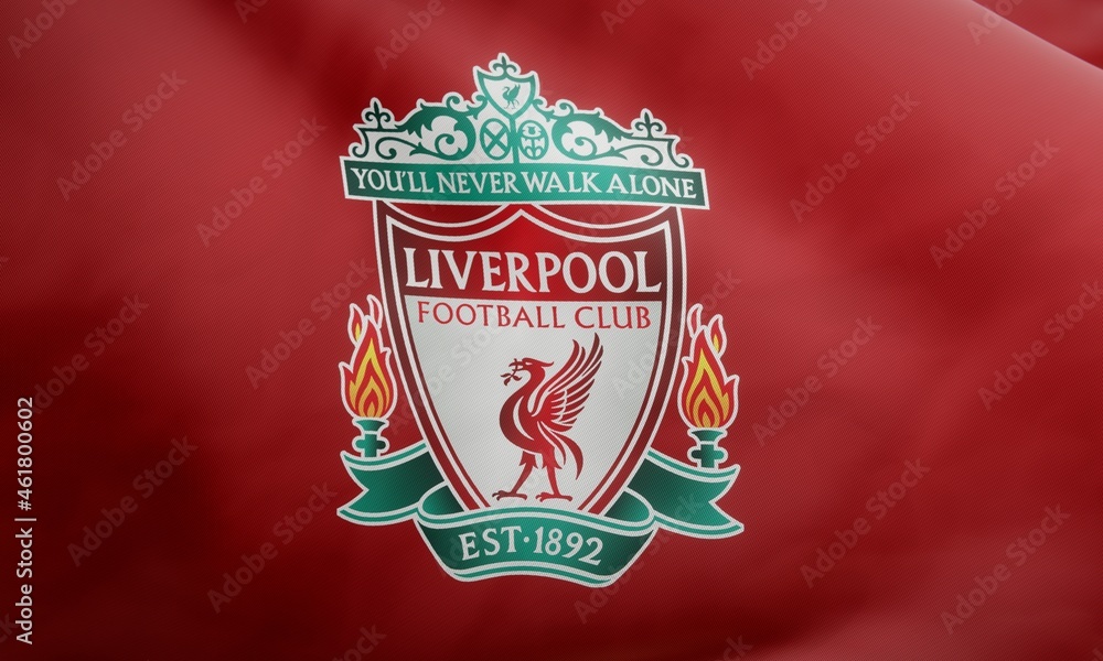 Logo of English football club Liverpool F.C. on waving fabric ...