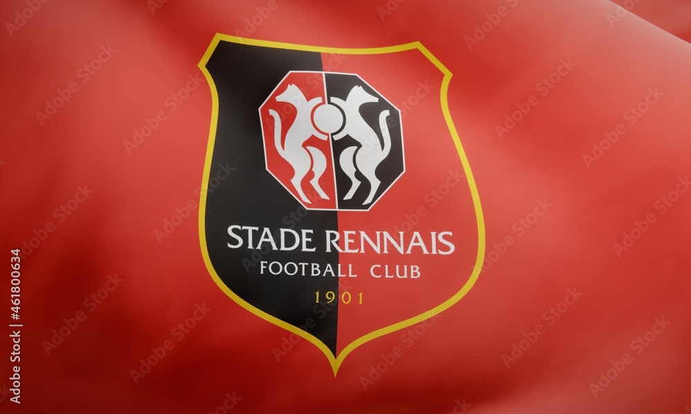 Logo of French football club Stade Rennais F.C. on waving fabric ...