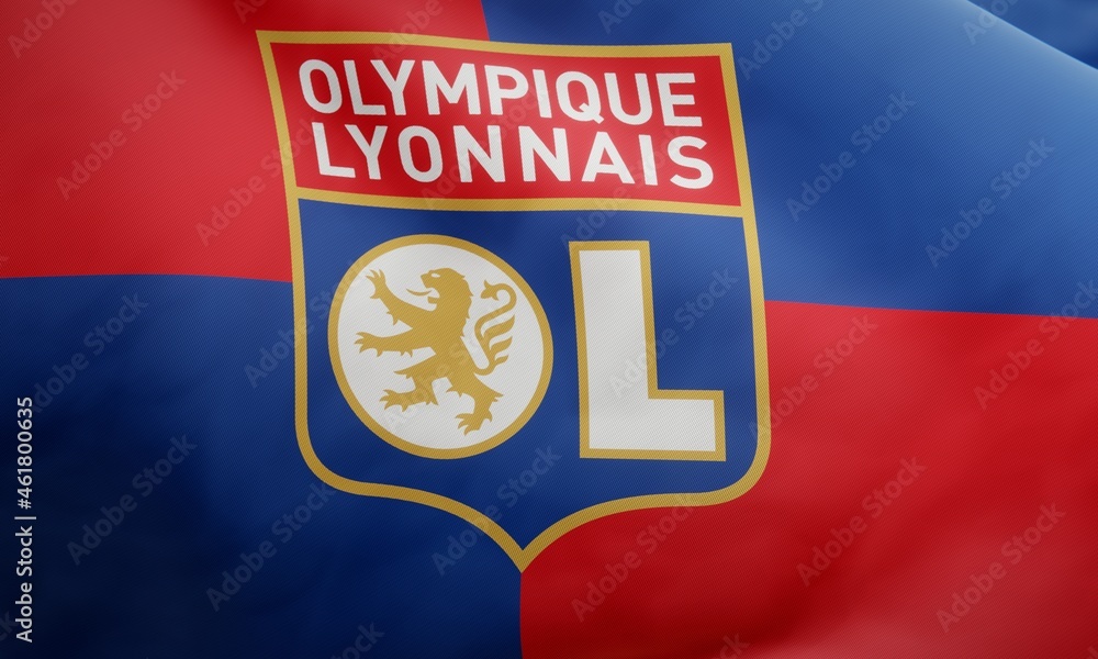 Logo of French football club Olympique Lyonnais on waving fabric ...