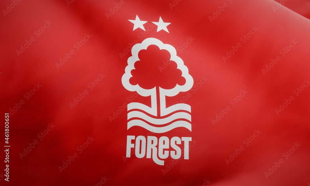 Logo of English football club Nottingham Forest F.C. on waving fabric ...