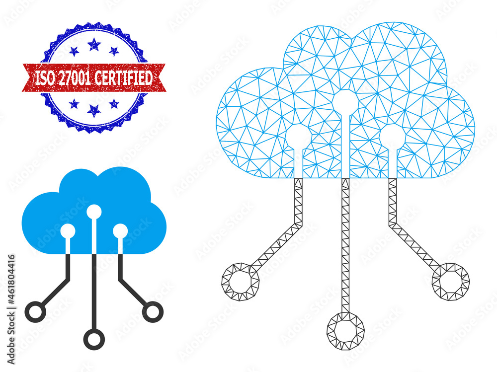Network cloud network wireframe icon, and bicolor textured ISO 27001 ...