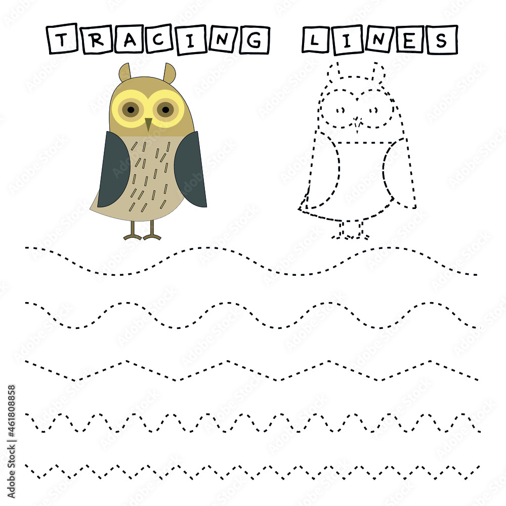 Trace line worksheet with animals owl for kids, practicing fine motor ...