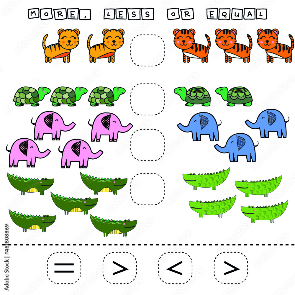 Which is greater, less or equal game with funny turtles, elephants ...