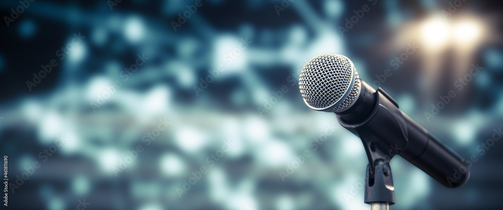 Microphone Public speaking background, Close-up the microphone on stand ...