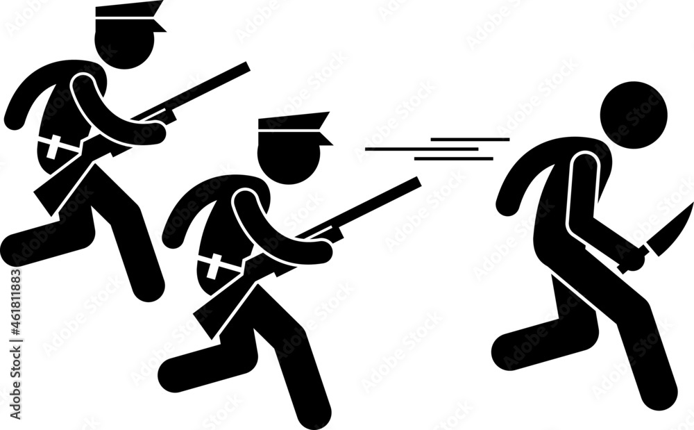 Vector of two police officers running after a criminal. Pictogram of ...