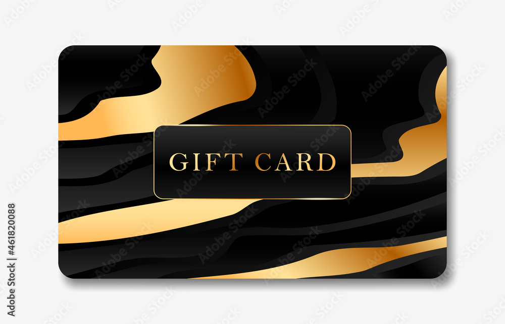 Black and gold gift card design template with waves isolated on white ...