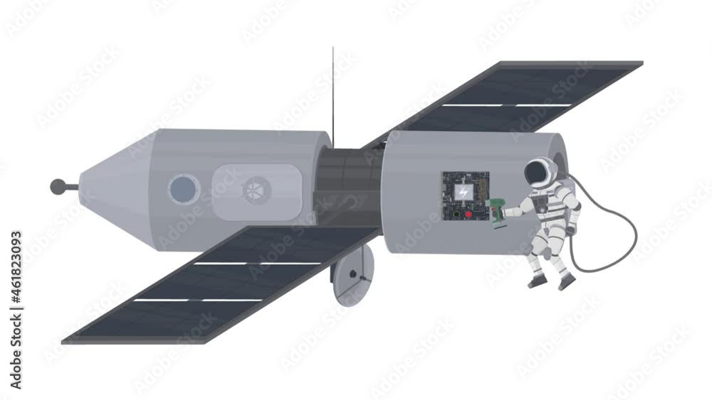 Astronaut repairs a space station. Animation of repair work, alpha ...