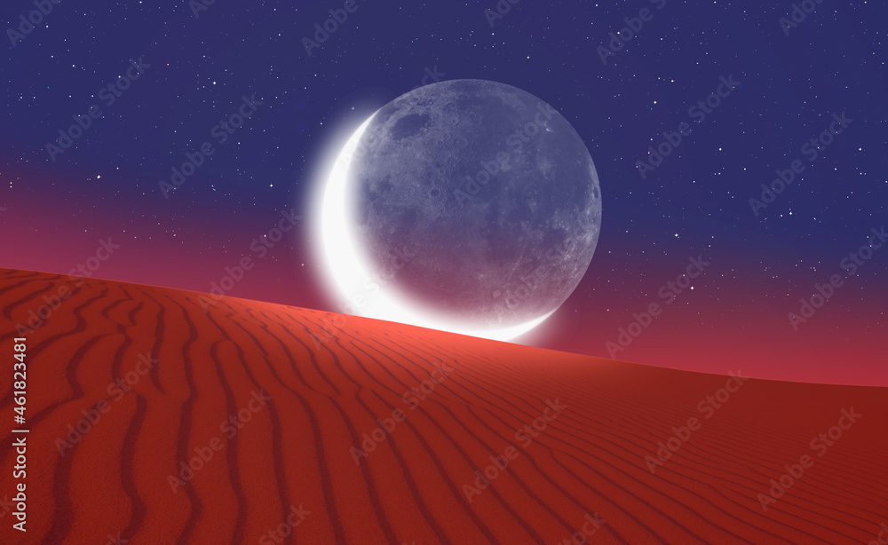 Night sky with crescent moon in the clouds on the foreground hot desert ...