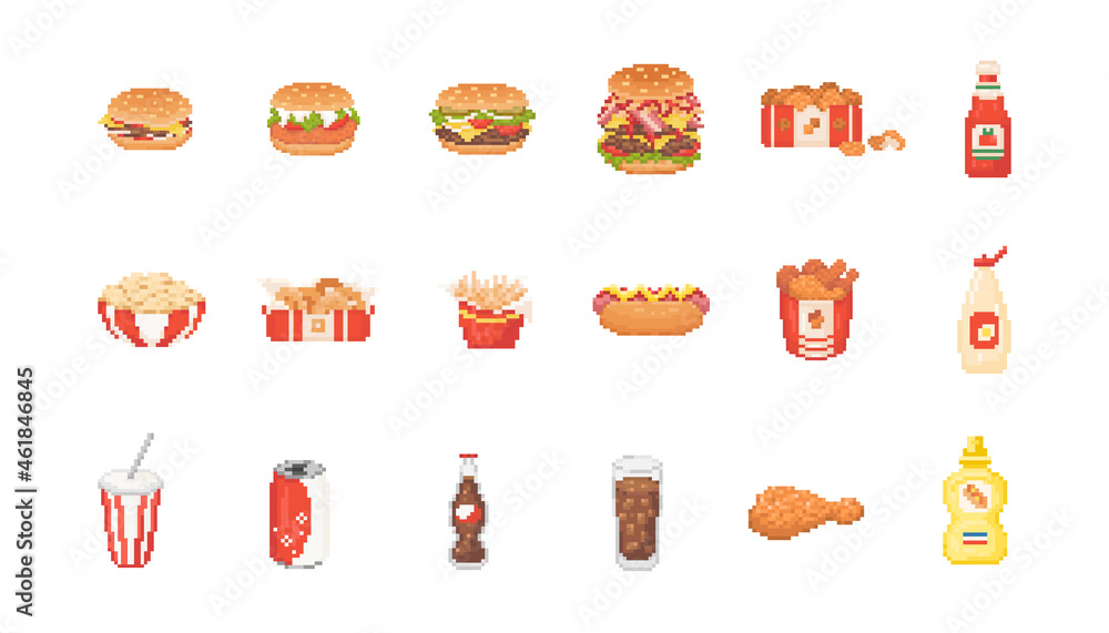 Pixel art fast food set illustrations. 8 bit retro icons of burgers ...