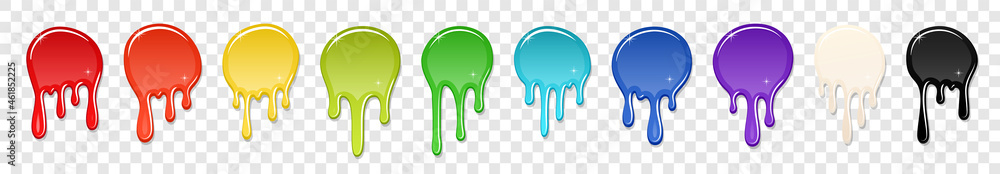 Drip paint spot 3D set isolated white background. Rainbow blob ink ...