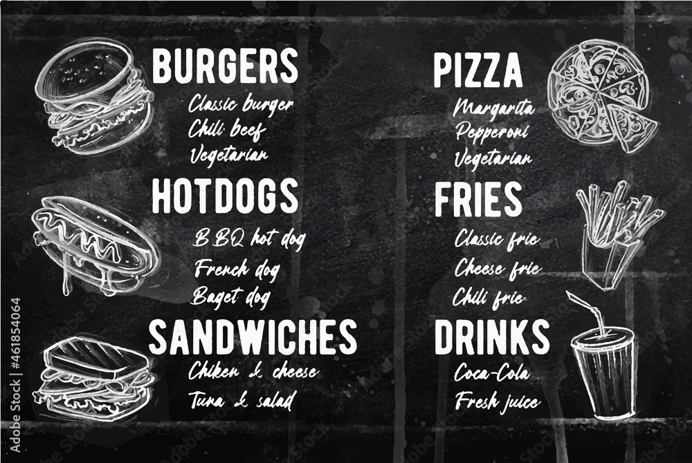 Chalkboard menu fast food and drinks for cafe and street restaurant ...