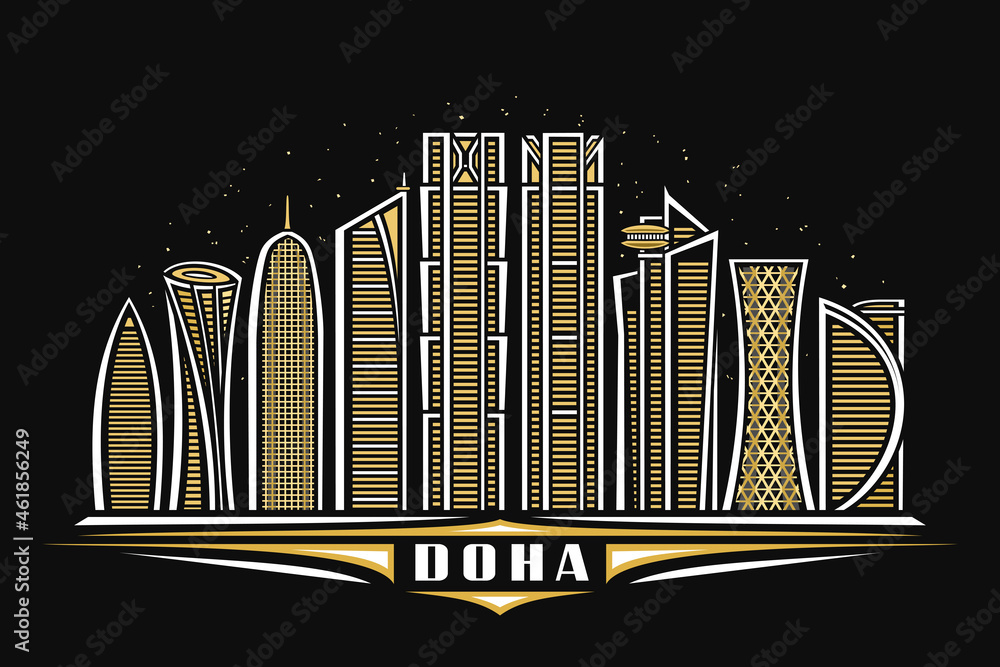 Vector illustration of Doha, dark horizontal poster with linear design ...