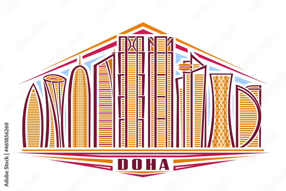 Vector illustration of Doha, horizontal poster with linear design ...