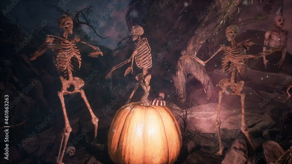 Scary skeletons dancing around a pumpkin on Halloween night in a dark ...