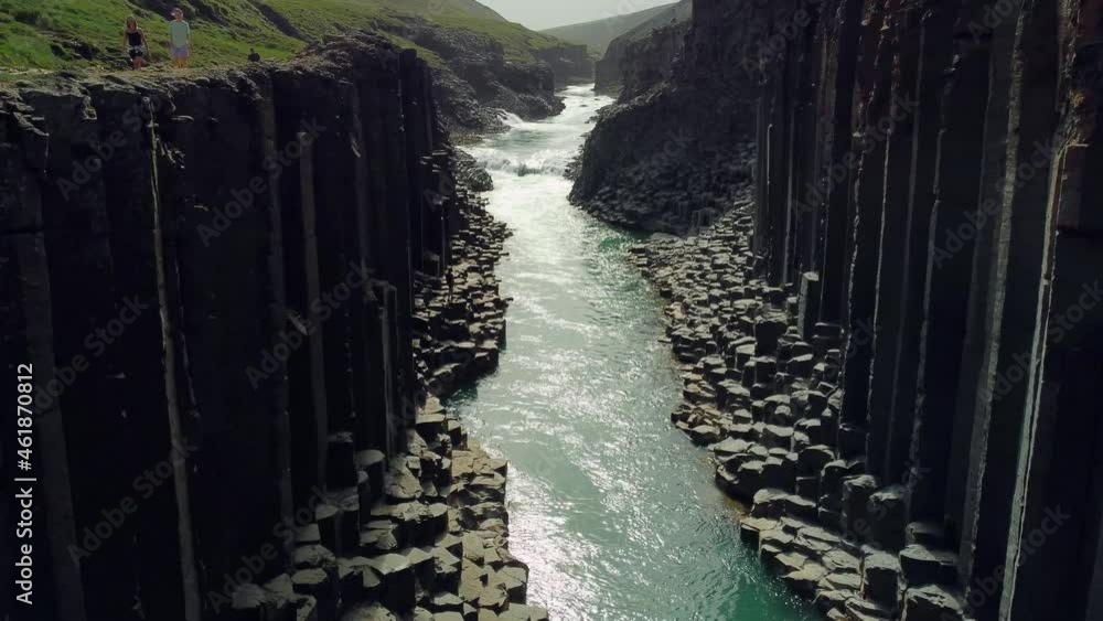 Studlagil canyon in iceland. Basalt columns. Aerial drone video of ...