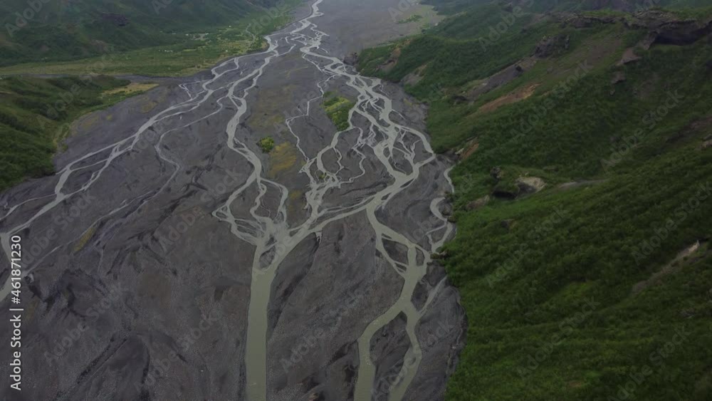 Thor valley in Iceland. Aerial drone video of Icelandic landscape ...