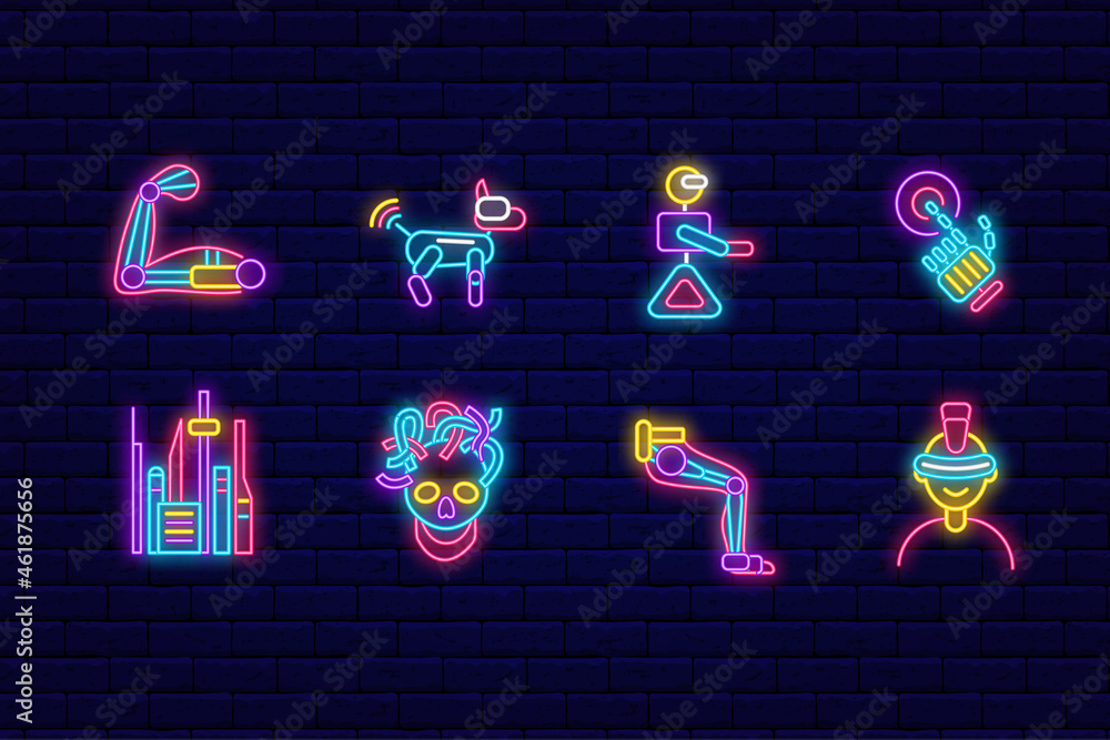 Cyberpunk neon icons set. Exoskeleton and animal robot. Night bright ...