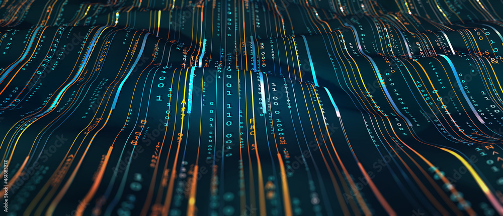 Wavy field, lines with a digital code. Digital structure, big data ...