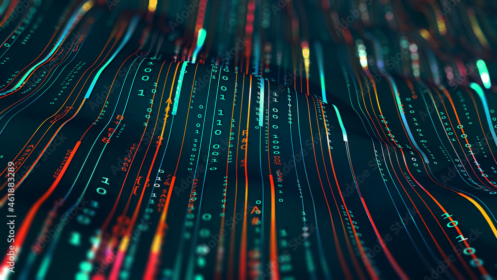 Wavy field, lines with a digital code. Digital structure, big data ...