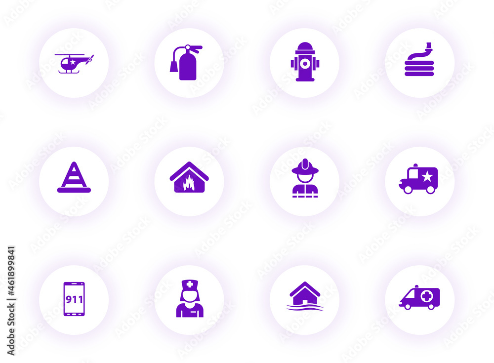 emergency purple color vector icons on light round buttons with purple ...