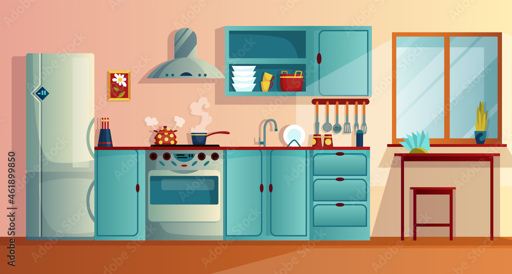 Kitchen interior witn furniture cartoon vector illustration. Home ...
