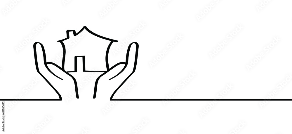 Cartoon, comic safe and protected home in two open hand palms concept ...