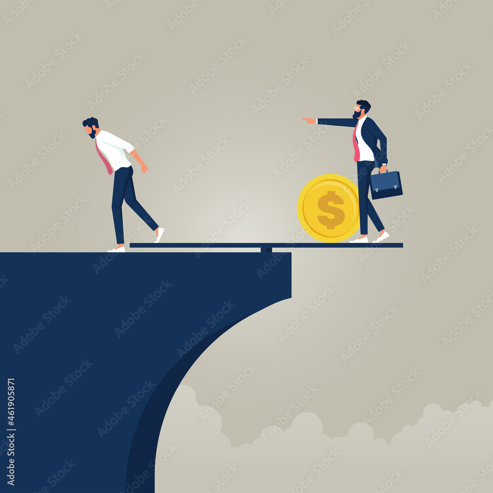 Businessman standing on the opposite side of a companion on a wooden boarder on the edge of a ...