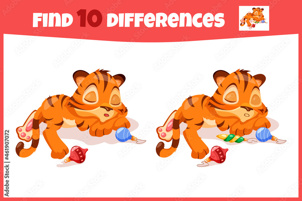 Find the differences. Educational game for children. Cute little tiger ...