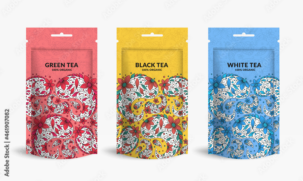 Tea packaging design with zip pouch bag mockup. Vector ornament ...