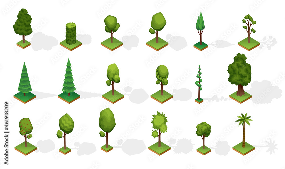 Collection isometric trees with shadow. Various type wood isolated on ...