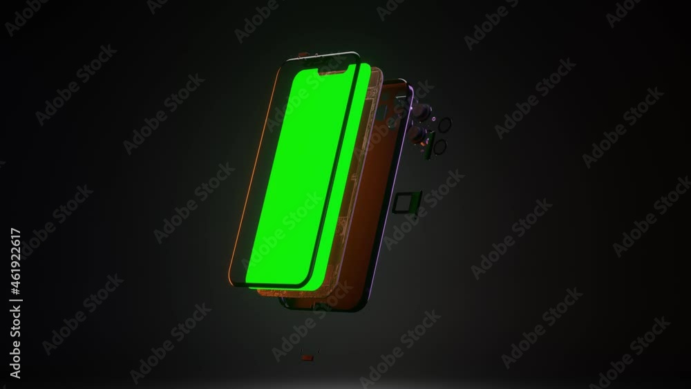smartphone 3d presentation with disassembly into parts, futuristic ...