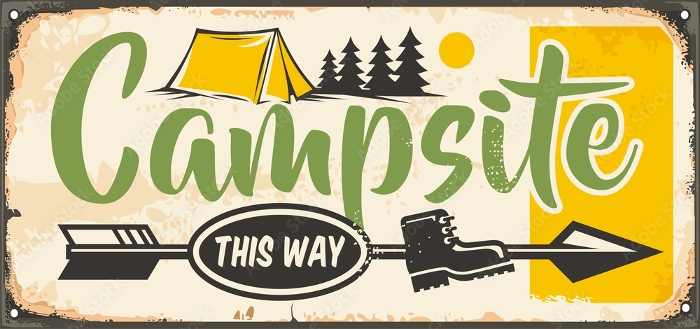 Campsite sign with tent graphic, arrow and pine forest. Retro road ...