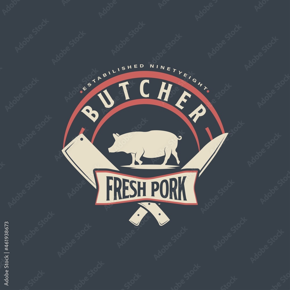 Vintage Retro Pork Butcher Shop Logo Design. With pig, and knife icon ...