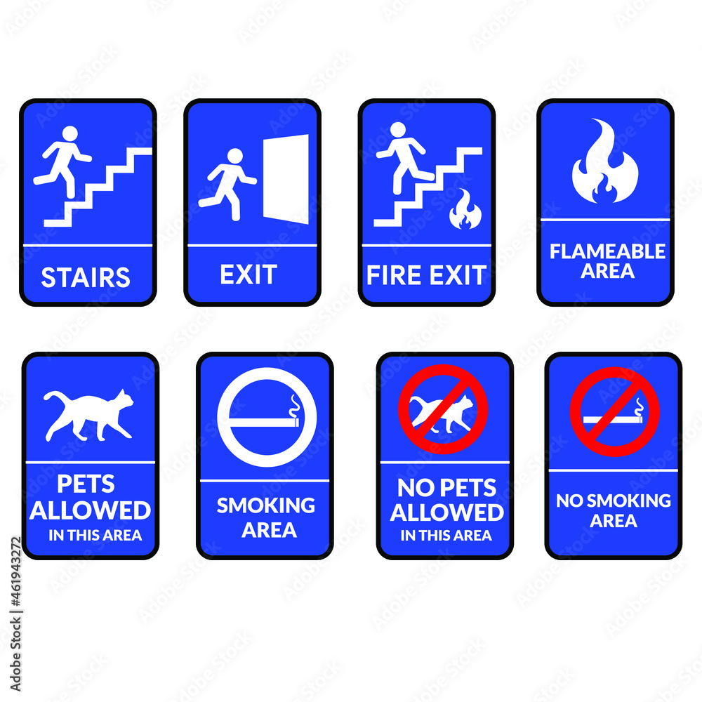 vector sign stairs exit, fire exit, pet not allowed, pet allowed Stock ...