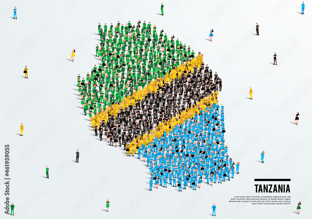 Tanzania Map and Flag. A large group of people in the Tanzania flag ...