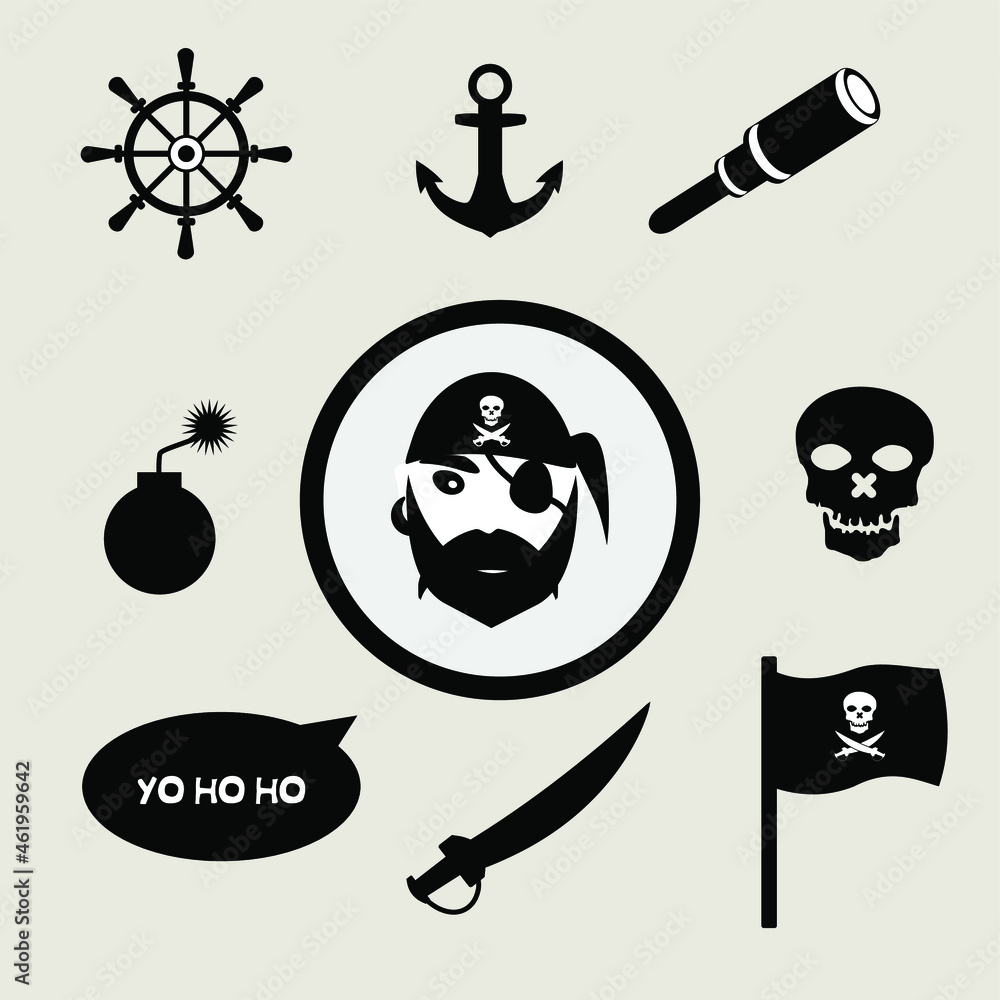 Pirate items flat vector illustrations set. Anchor, spyglass, saber ...