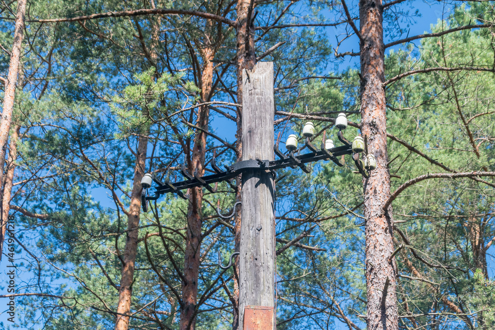 Old wooden electric pole with ceramic power insulators or porcelain ...