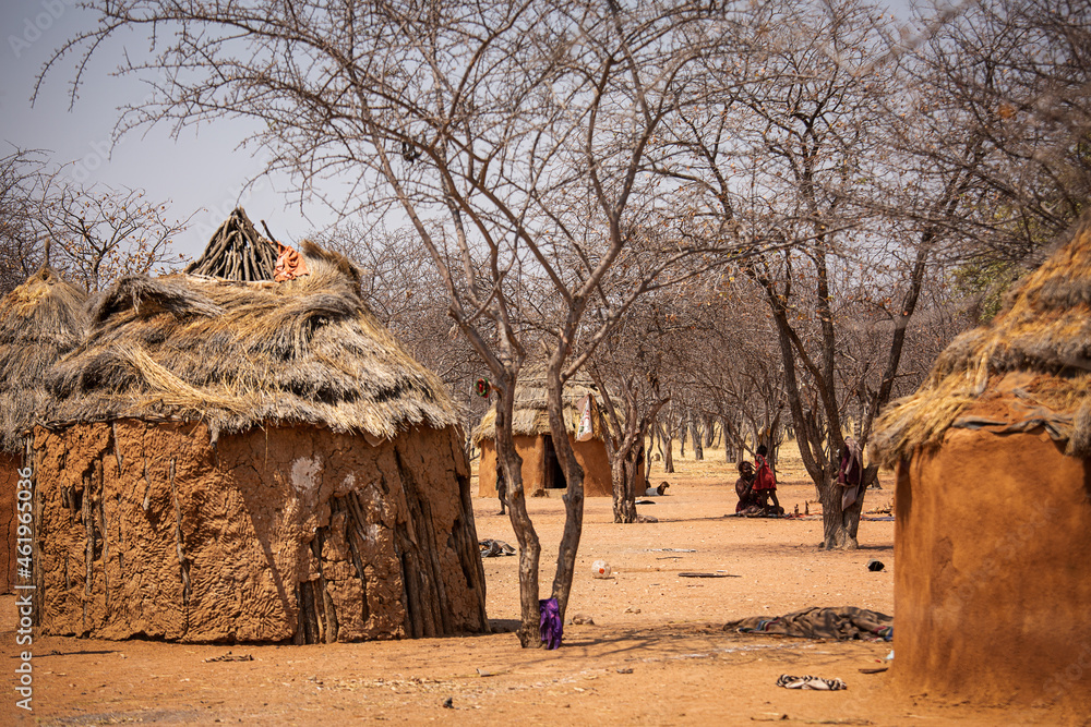 Himba village, huts made from a mixture of clay, cow dung, wood and ...