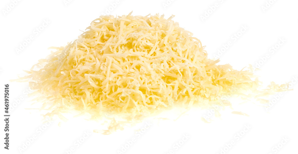 Grated cheese isolated white background . yellow shredded cheese. Close ...