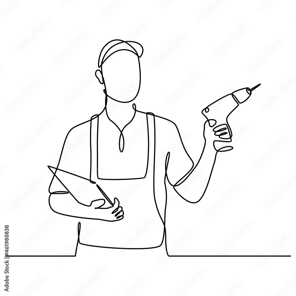 continuous line drawing of repairman holding clipboard and drilling ...