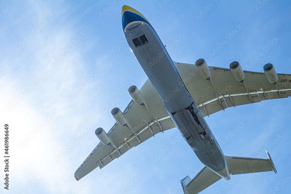 Kyiv, Ukraine - May 10, 2020: Antonov AN-225 Mriya plane fly at the ...