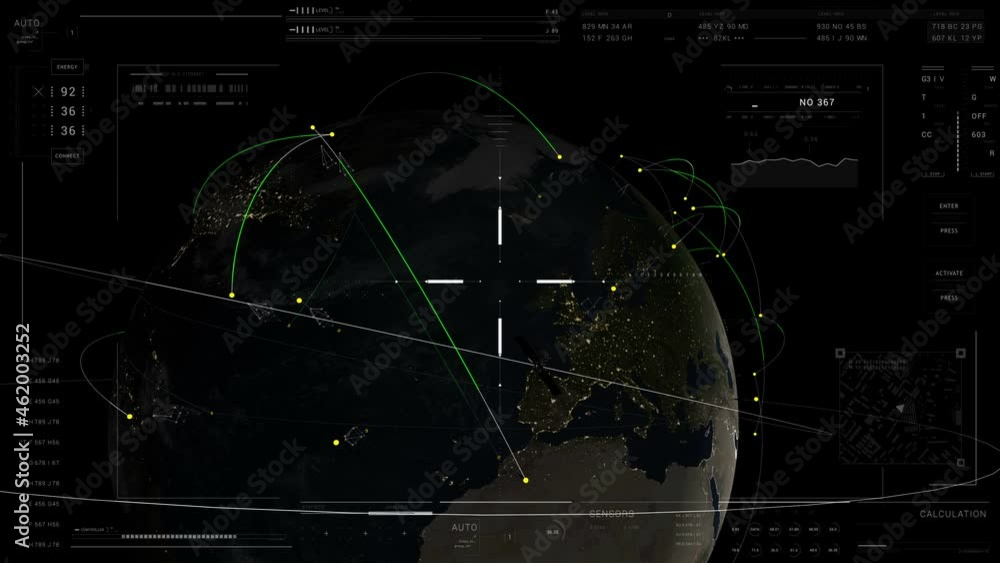 Satellites HUD target and data.UI technological display.Globe Earth ...